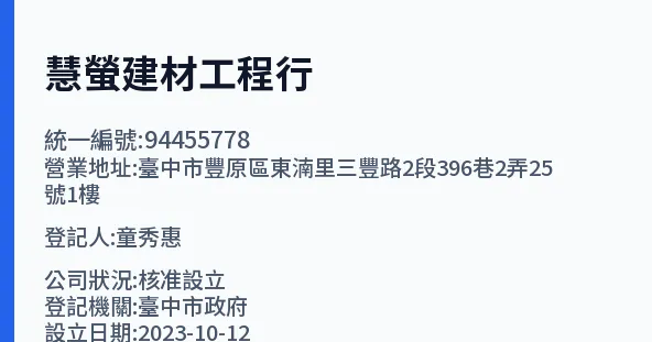 慧螢建材工程行的照片-統編 94455778(臺中市) 公司登記資料與營業項目詳細圖表