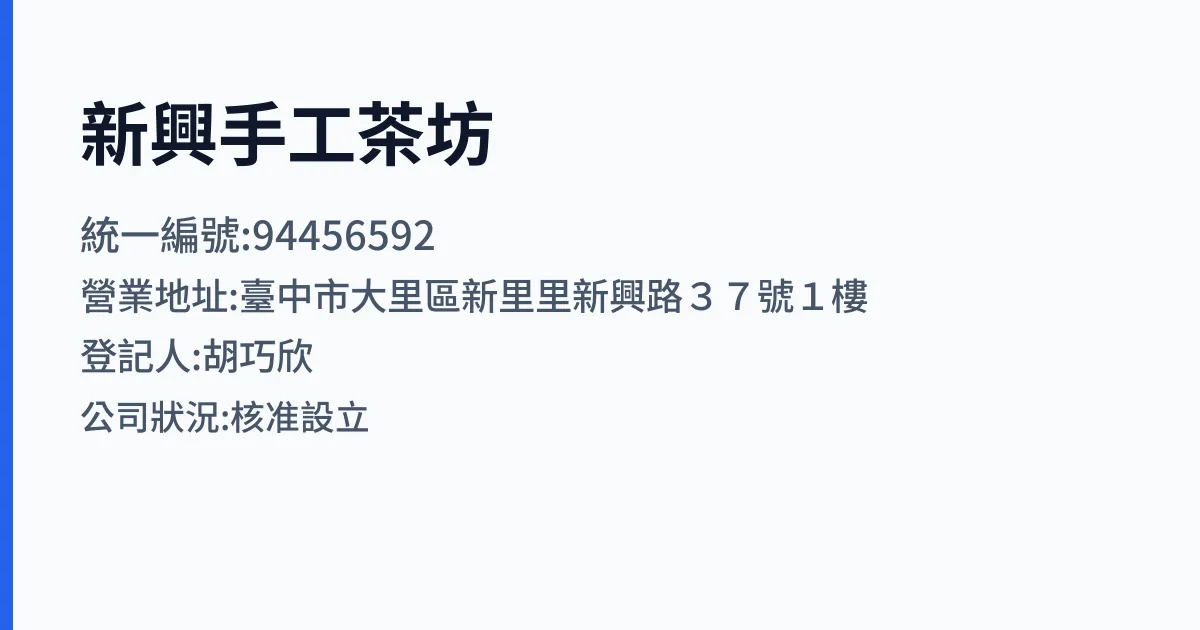 新興手工茶坊 - 統編 94456592(臺中市) 公司登記資料與營業項目詳細圖表