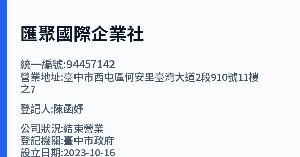 匯聚國際企業社的照片-統編 94457142(臺中市) 公司登記資料與營業項目詳細圖表