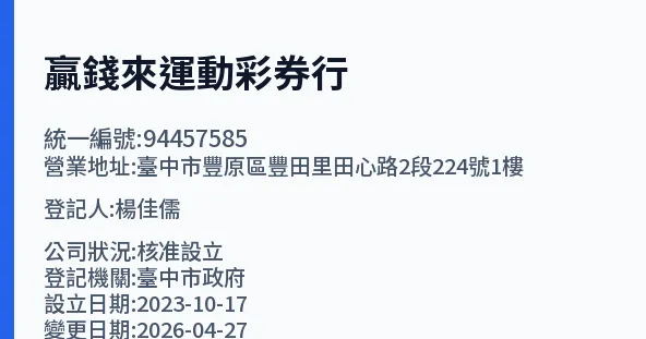 贏錢來運動彩券行的照片-統編 94457585(臺中市) 公司登記資料與營業項目詳細圖表