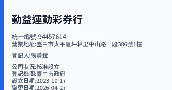 勤益運動彩券行的照片-統編 94457614(臺中市) 公司登記資料與營業項目詳細圖表