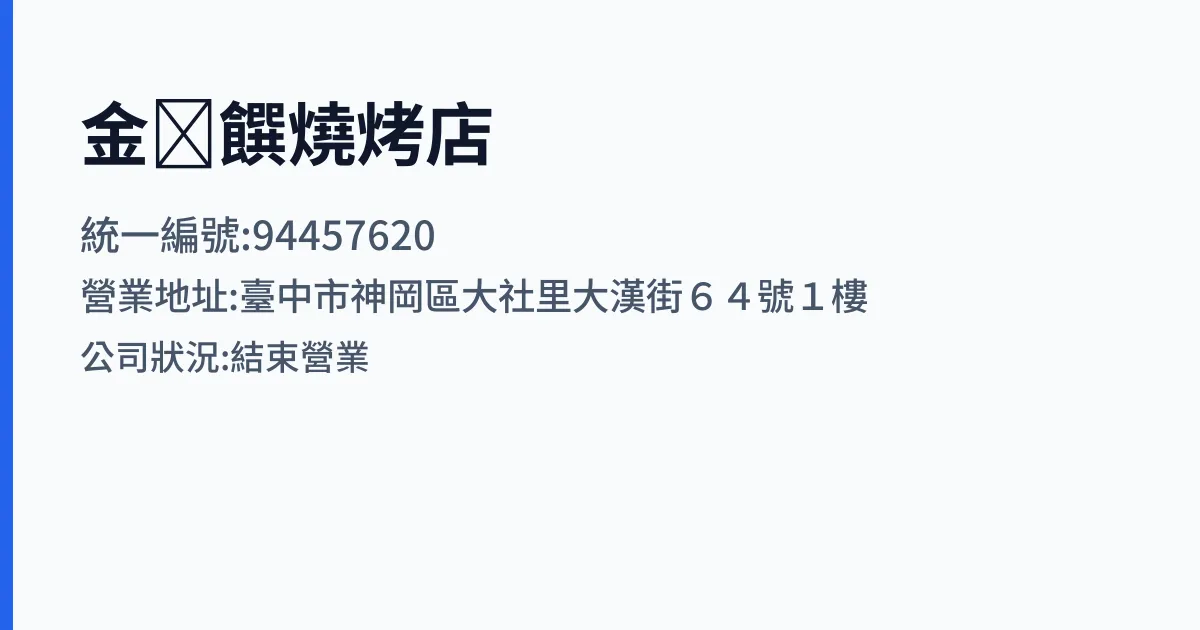 金儛饌燒烤店 - 統編 94457620(臺中市) 公司登記資料與營業項目詳細圖表