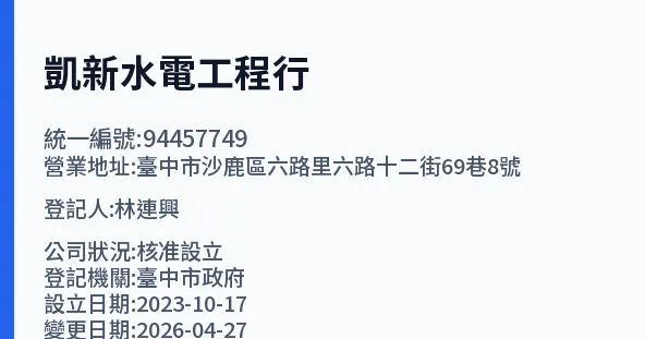 凱新水電工程行的照片-統編 94457749(臺中市) 公司登記資料與營業項目詳細圖表