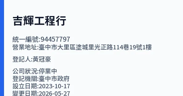 吉輝工程行的照片-統編 94457797(臺中市) 公司登記資料與營業項目詳細圖表