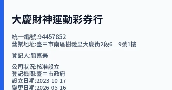 大慶財神運動彩券行的照片-統編 94457852(臺中市) 公司登記資料與營業項目詳細圖表