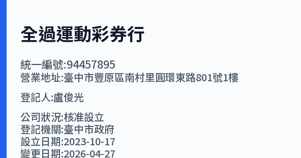 全過運動彩券行的照片-統編 94457895(臺中市) 公司登記資料與營業項目詳細圖表