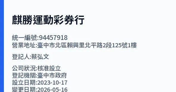 麒勝運動彩券行的照片-統編 94457918(臺中市) 公司登記資料與營業項目詳細圖表