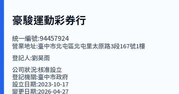 豪駿運動彩券行的照片-統編 94457924(臺中市) 公司登記資料與營業項目詳細圖表