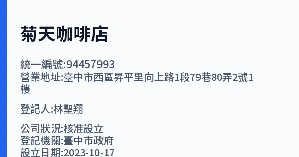 菊天咖啡店的照片-統編 94457993(臺中市) 公司登記資料與營業項目詳細圖表