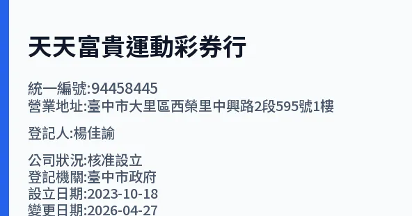 天天富貴運動彩券行的照片-統編 94458445(臺中市) 公司登記資料與營業項目詳細圖表