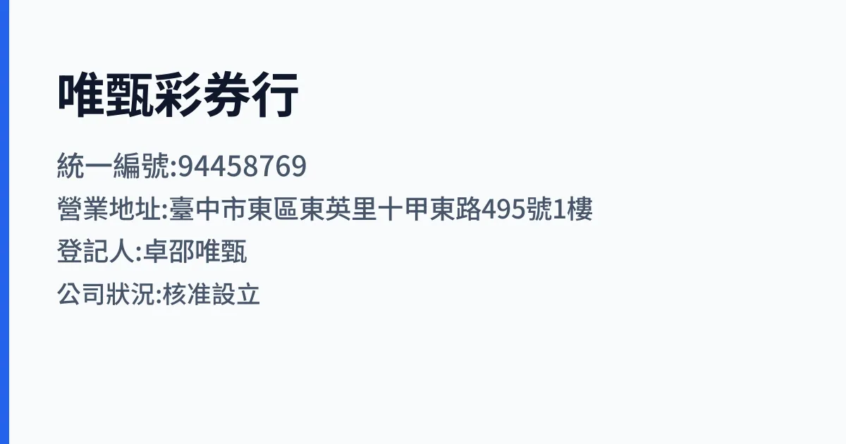 唯甄彩券行 - 統編 94458769(臺中市) 公司登記資料與營業項目詳細圖表
