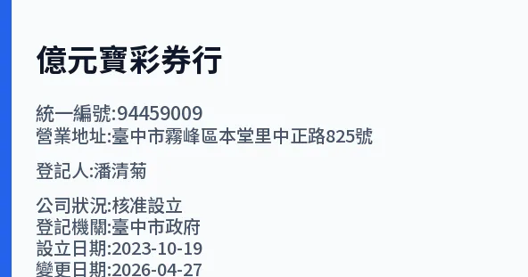 億元寶彩券行的照片-統編 94459009(臺中市) 公司登記資料與營業項目詳細圖表