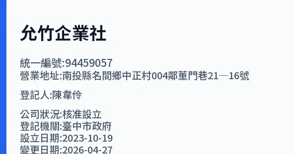 允竹企業社的照片-統編 94459057(南投縣) 公司登記資料與營業項目詳細圖表