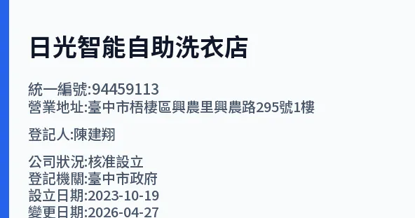 日光智能自助洗衣店的照片-統編 94459113(臺中市) 公司登記資料與營業項目詳細圖表