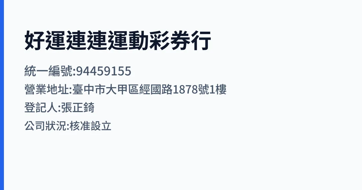 好運連連運動彩券行 - 統編 94459155(臺中市) 公司登記資料與營業項目詳細圖表