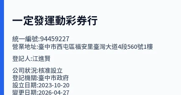 一定發運動彩券行的照片-統編 94459227(臺中市) 公司登記資料與營業項目詳細圖表