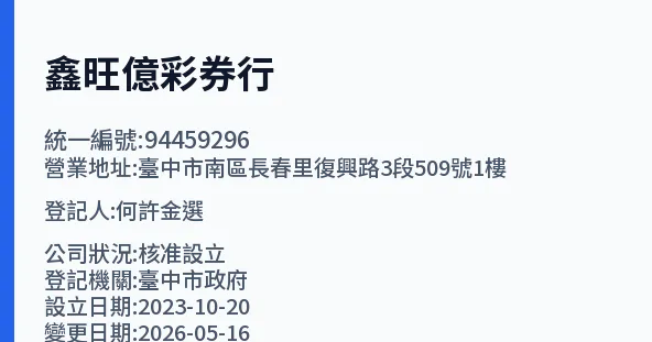 鑫旺億彩券行的照片-統編 94459296(臺中市) 公司登記資料與營業項目詳細圖表