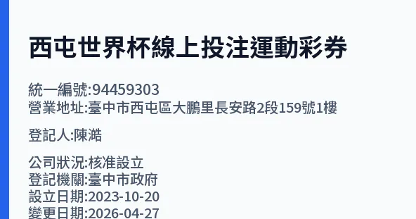 西屯世界杯線上投注運動彩券的照片-統編 94459303(臺中市) 公司登記資料與營業項目詳細圖表