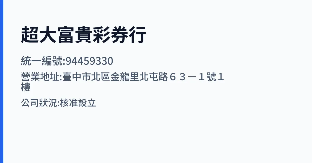 超大富貴彩券行 - 統編 94459330(臺中市) 公司登記資料與營業項目詳細圖表