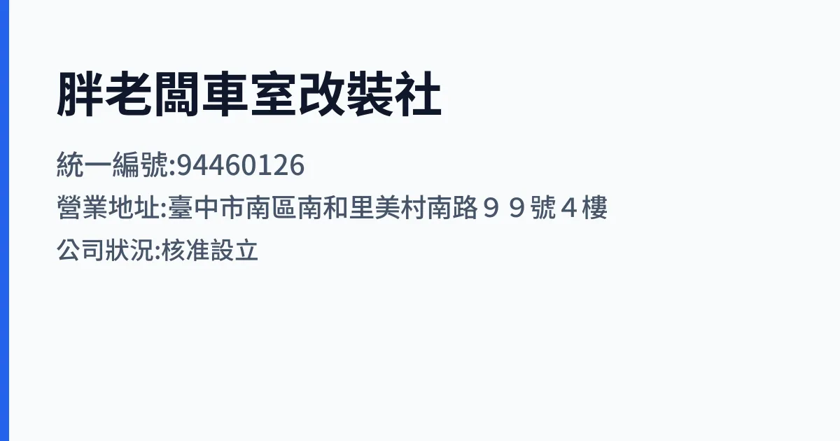 胖老闆車室改裝社 - 統編 94460126(臺中市) 公司登記資料與營業項目詳細圖表