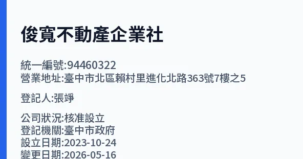俊寬不動產企業社的照片-統編 94460322(臺中市) 公司登記資料與營業項目詳細圖表