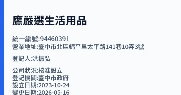 鷹嚴選生活用品的照片-統編 94460391(臺中市) 公司登記資料與營業項目詳細圖表