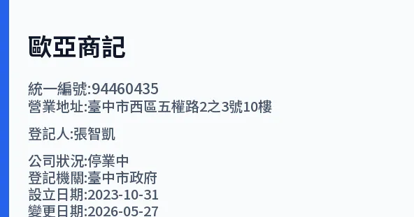 歐亞商記的照片-統編 94460435(臺中市) 公司登記資料與營業項目詳細圖表