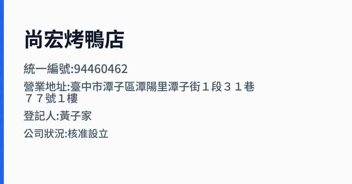 尚宏烤鴨店 - 統編 94460462(臺中市) 公司登記資料與營業項目詳細圖表