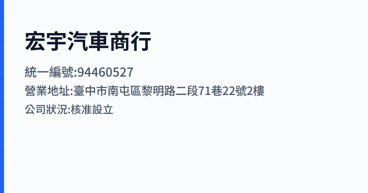 宏宇汽車商行 - 統編 94460527 (臺中市) 公司登記資料與營業項目詳細圖表