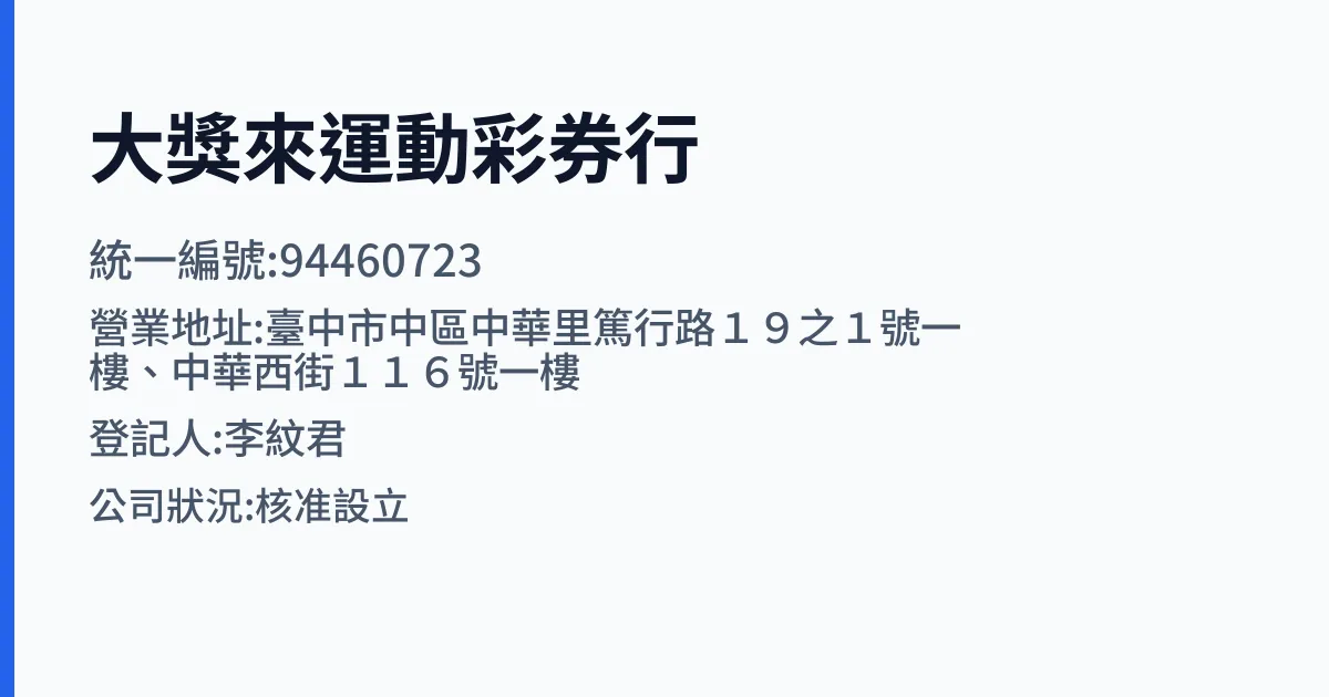 大獎來運動彩券行 - 統編 94460723(臺中市) 公司登記資料與營業項目詳細圖表
