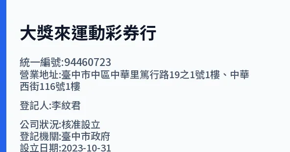 大獎來運動彩券行的照片-統編 94460723(臺中市) 公司登記資料與營業項目詳細圖表
