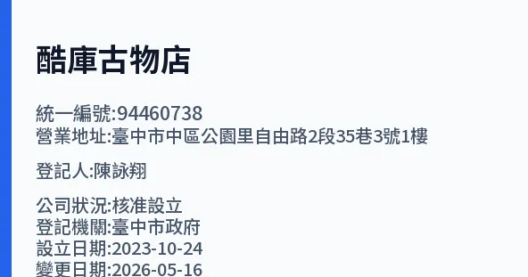 酷庫古物店的照片-統編 94460738(臺中市) 公司登記資料與營業項目詳細圖表