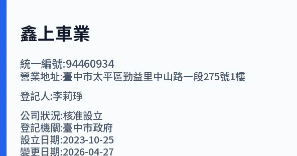 鑫上車業的照片-統編 94460934(臺中市) 公司登記資料與營業項目詳細圖表