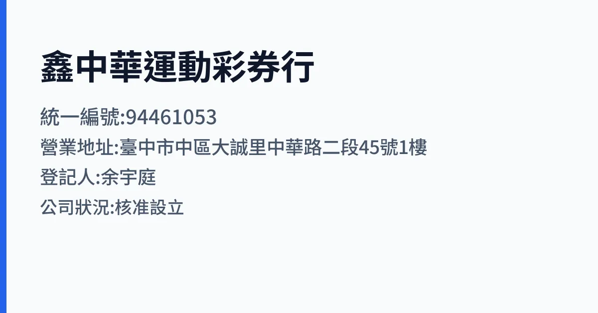 鑫中華運動彩券行 - 統編 94461053(臺中市) 公司登記資料與營業項目詳細圖表