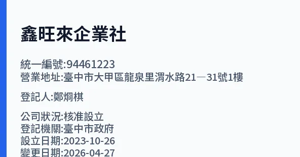 鑫旺來企業社的照片-統編 94461223(臺中市) 公司登記資料與營業項目詳細圖表