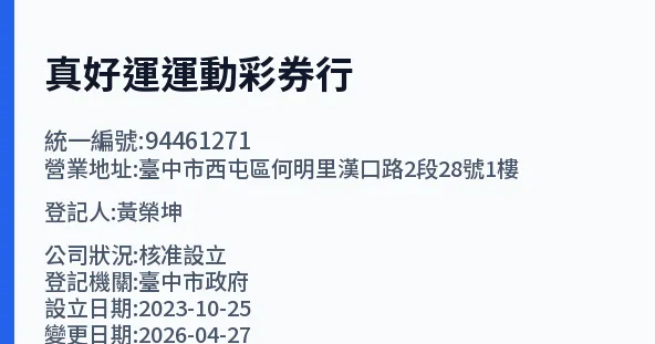 真好運運動彩券行的照片-統編 94461271(臺中市) 公司登記資料與營業項目詳細圖表