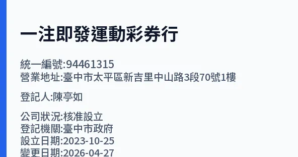 一注即發運動彩券行的照片-統編 94461315(臺中市) 公司登記資料與營業項目詳細圖表