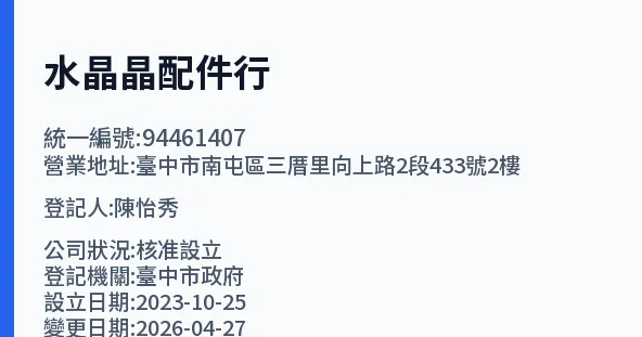 水晶晶配件行的照片-統編 94461407(臺中市) 公司登記資料與營業項目詳細圖表
