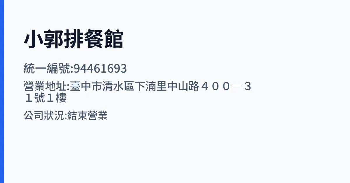 小郭排餐館 - 統編 94461693(臺中市) 公司登記資料與營業項目詳細圖表