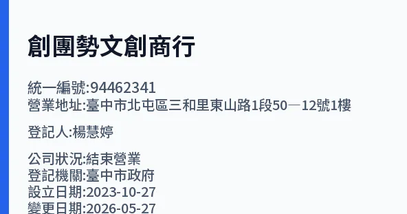 創團勢文創商行的照片-統編 94462341(臺中市) 公司登記資料與營業項目詳細圖表