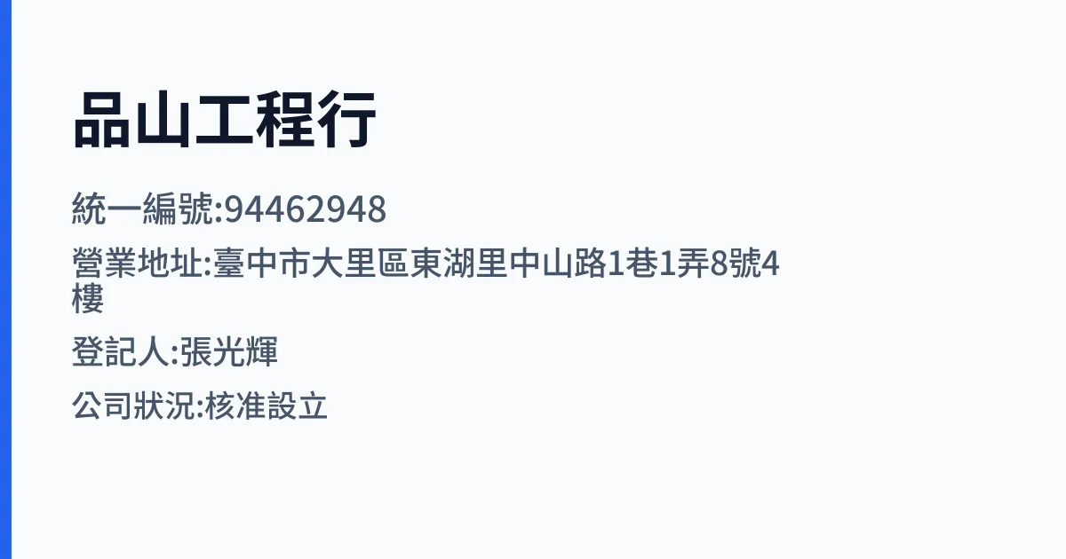 品山工程行 - 統編 94462948(臺中市) 公司登記資料與營業項目詳細圖表
