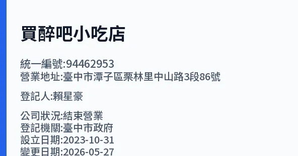 買醉吧小吃店的照片-統編 94462953(臺中市) 公司登記資料與營業項目詳細圖表