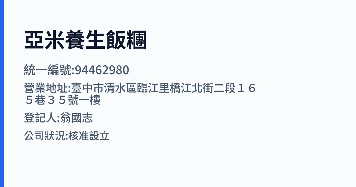 亞米養生飯糰 - 統編 94462980(臺中市) 公司登記資料與營業項目詳細圖表