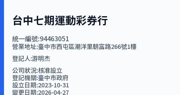 台中七期運動彩券行的照片-統編 94463051(臺中市) 公司登記資料與營業項目詳細圖表