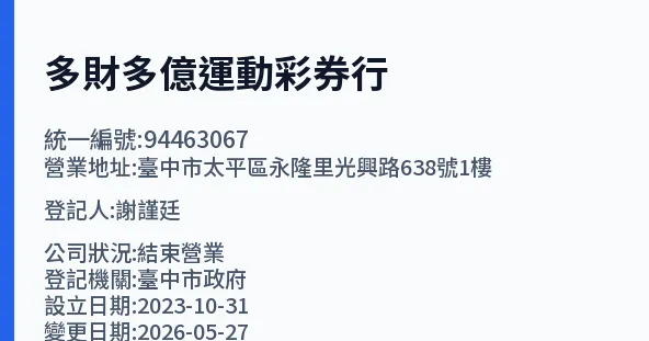 多財多億運動彩券行的照片-統編 94463067(臺中市) 公司登記資料與營業項目詳細圖表