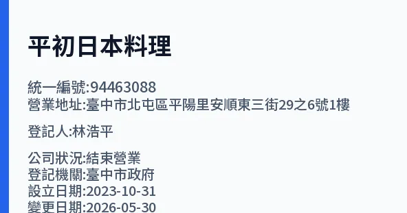 平初日本料理的照片-統編 94463088(臺中市) 公司登記資料與營業項目詳細圖表