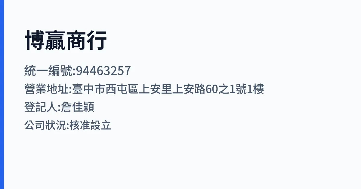 博贏商行 - 統編 94463257(臺中市) 公司登記資料與營業項目詳細圖表