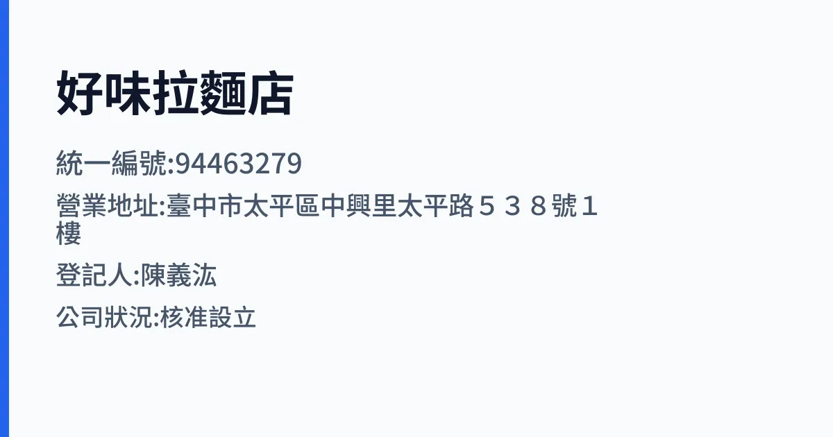 好味拉麵店 - 統編 94463279(臺中市) 公司登記資料與營業項目詳細圖表