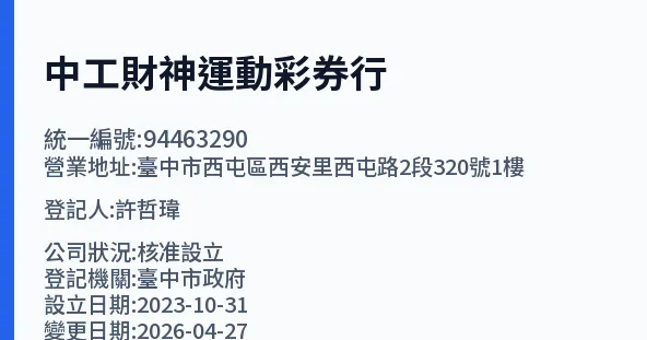 中工財神運動彩券行的照片-統編 94463290(臺中市) 公司登記資料與營業項目詳細圖表