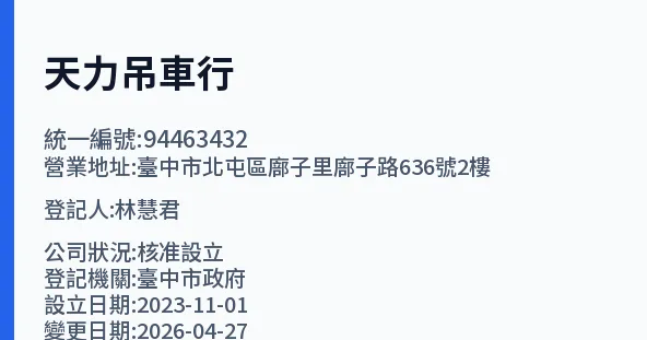 天力吊車行的照片-統編 94463432(臺中市) 公司登記資料與營業項目詳細圖表